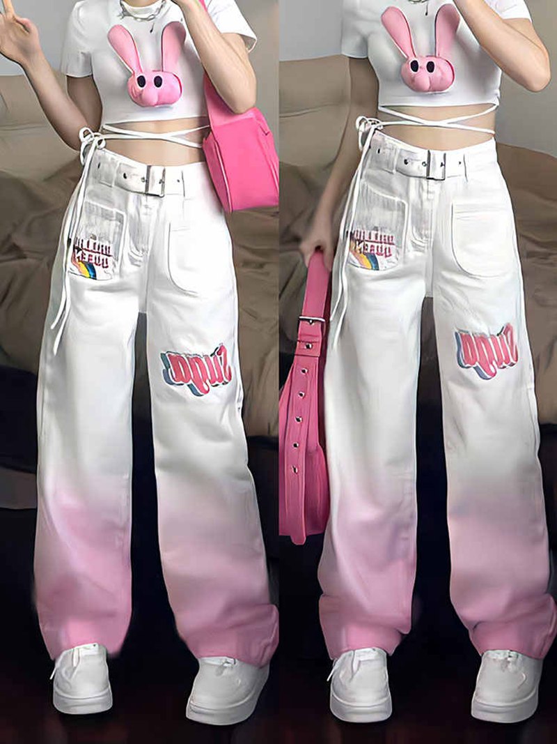 PLUS SIZE Gradient Pink Denim Pants KF83903 – unzzy